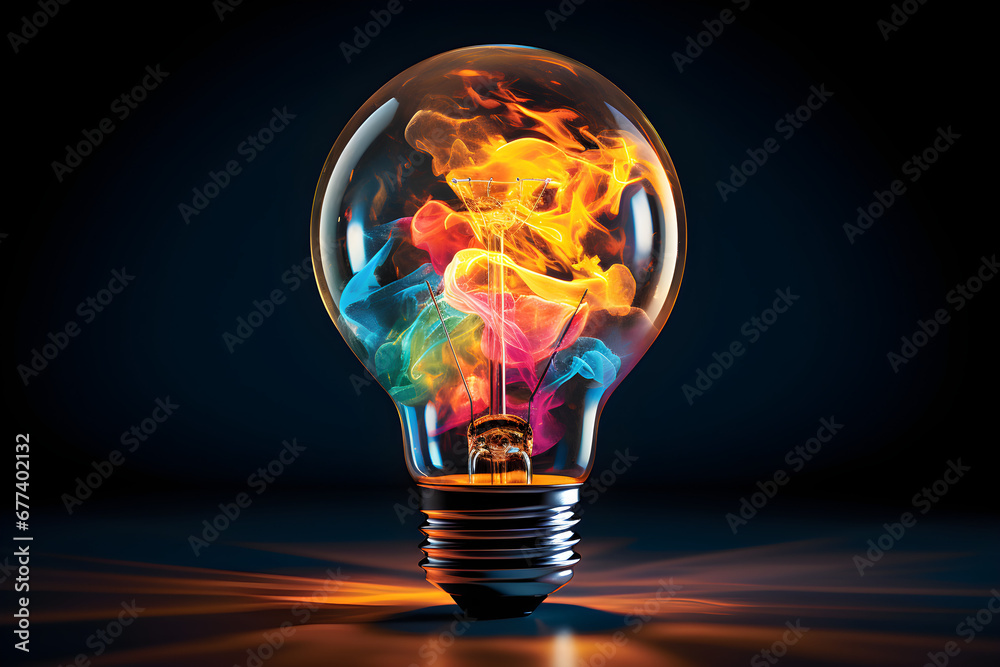 a colorful glowing lightbulb visualizing brainstorming, bright ideas ...