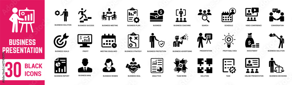 Business Presentation solid black icons set. Presentation, investment ...