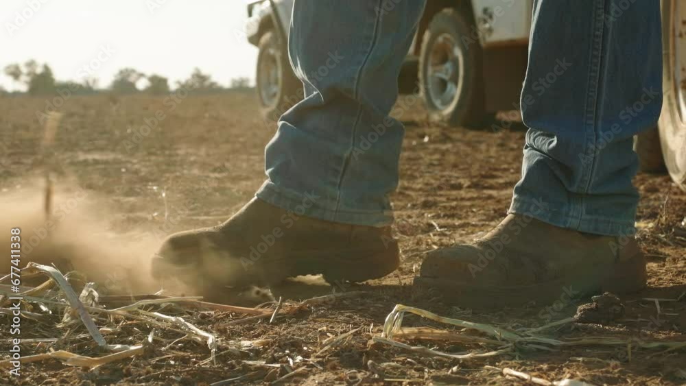 Farmer's boot kicking up dust in field during Australian Drought Stock ...