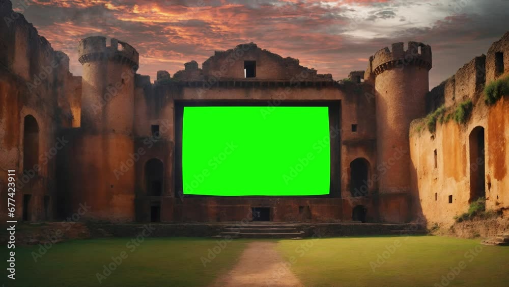 A green screen or chroma key on a large window on a wall in an ancient ...