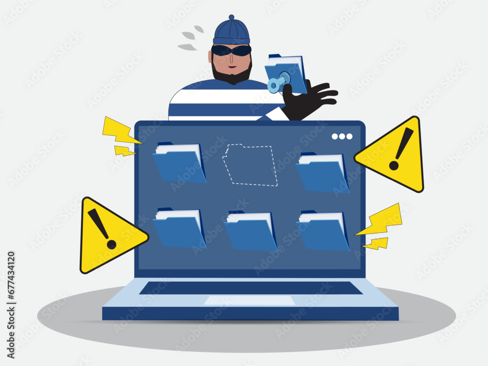 Hacker stealing document folder icon from laptop screen. System warning alert to cyber threat or ...