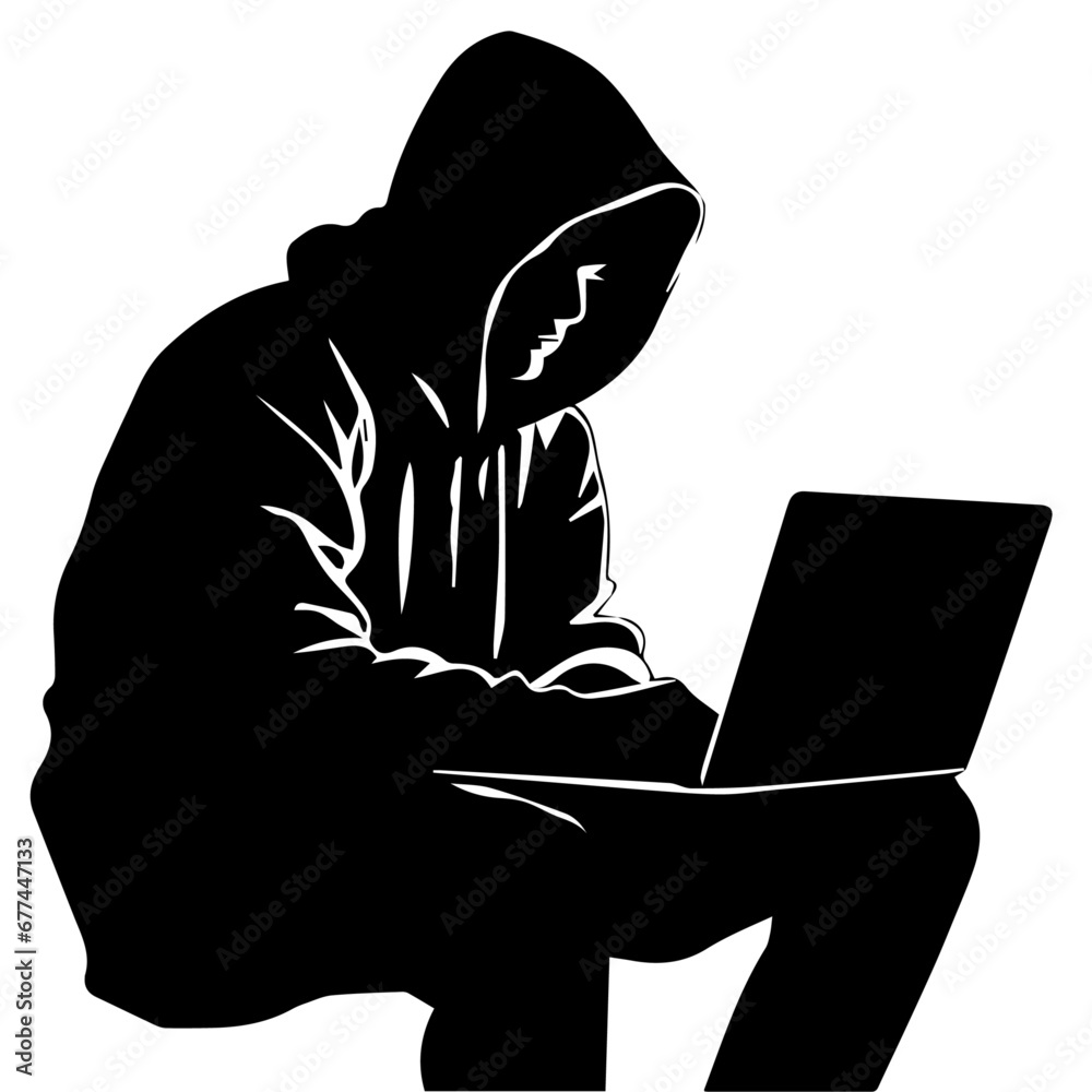 Hacker vector silhouette illustration, a hacker with laptop vector ...