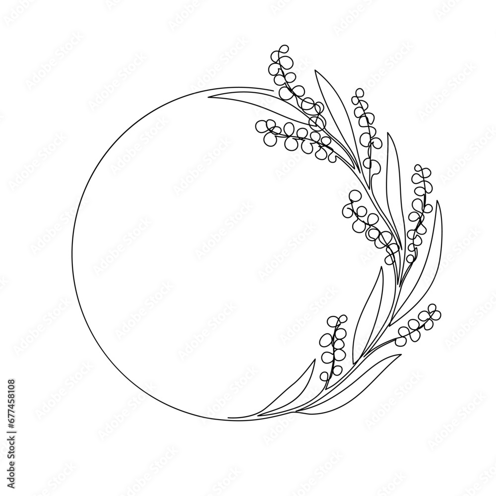 Continuous line drawing circle frame with blooming mimosa branch. One ...