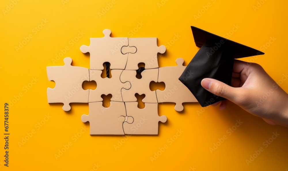 Hand jigsaw puzzle of people and mortarboard Graduation cap on yellow ...
