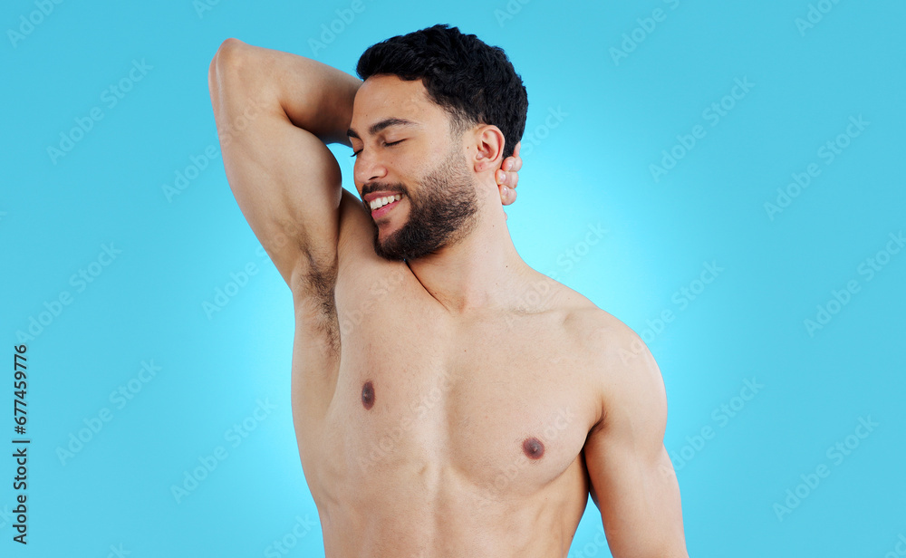 Happy man, armpit and smile for body hygiene, skincare or healthy ...