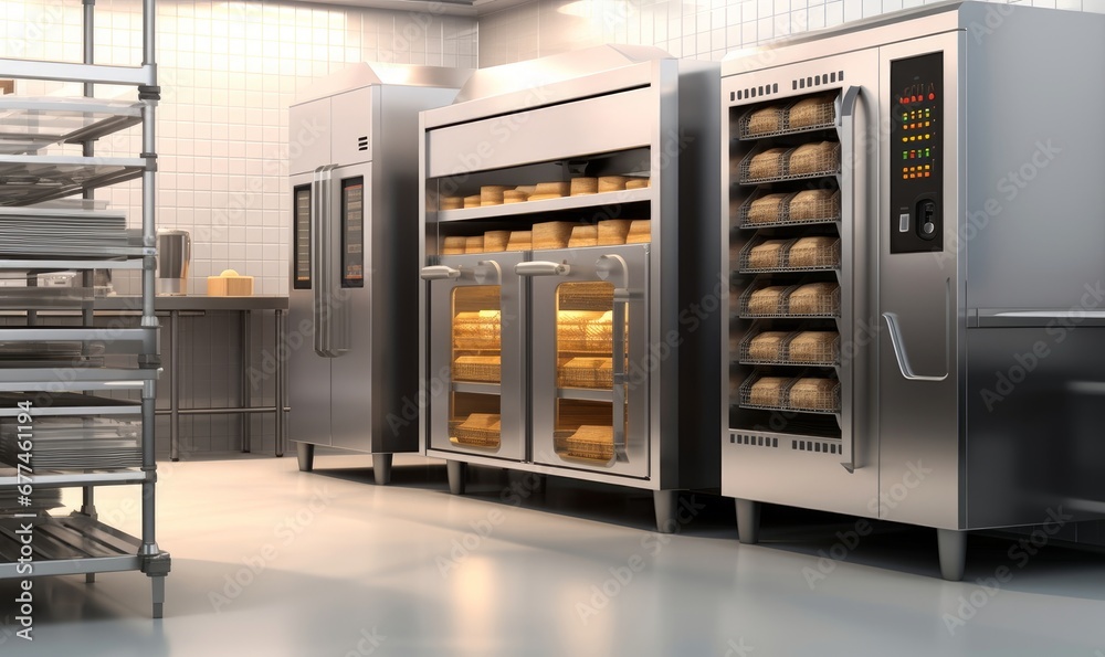Professional bakery kitchen and stainless steel convection, bread bun ...