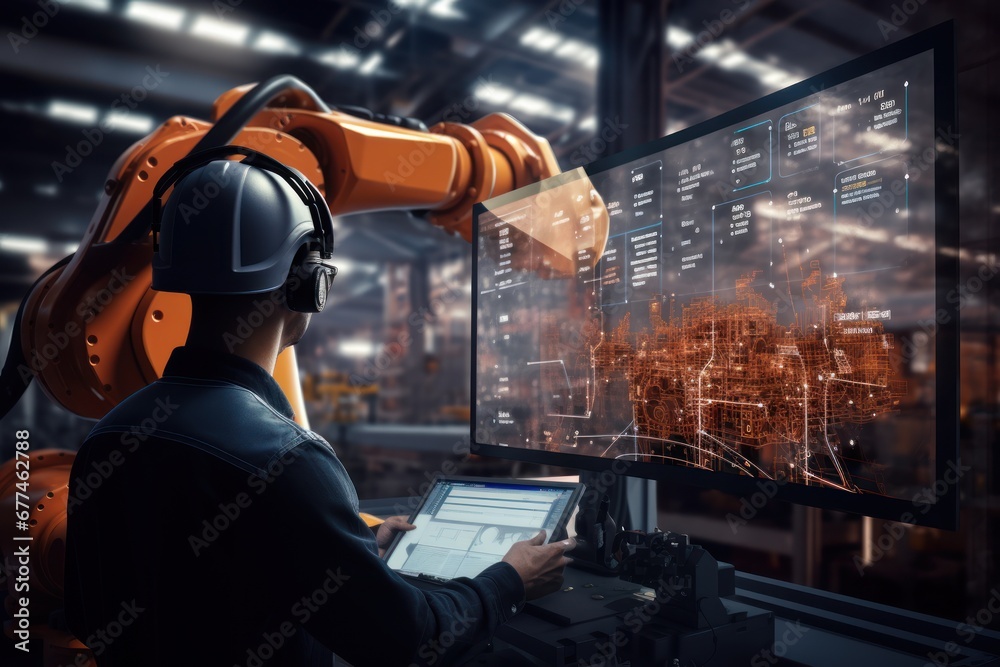 Engineer manager automatically monitors and controls machine arm robots in intelligent factories ...