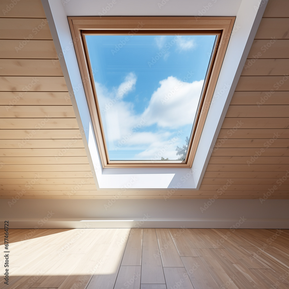 New energy efficient attic window in wooden frame install indoors ...