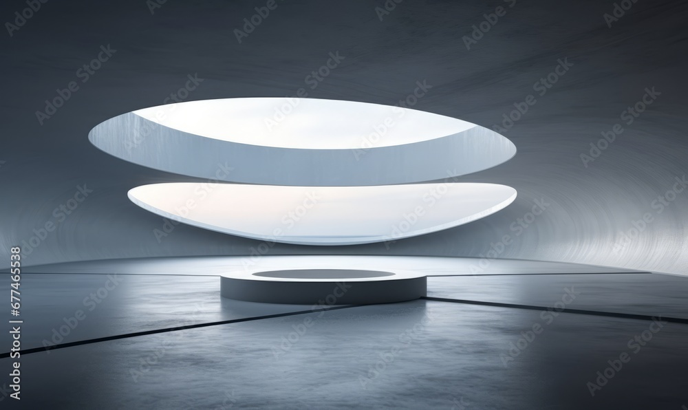a 3D render of a minimalist and futuristic architectural structure, featuring a series of ...