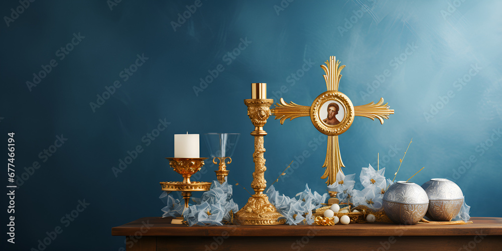 First holy communion theme. The Cross, Holy Bible, rosary and golden ...