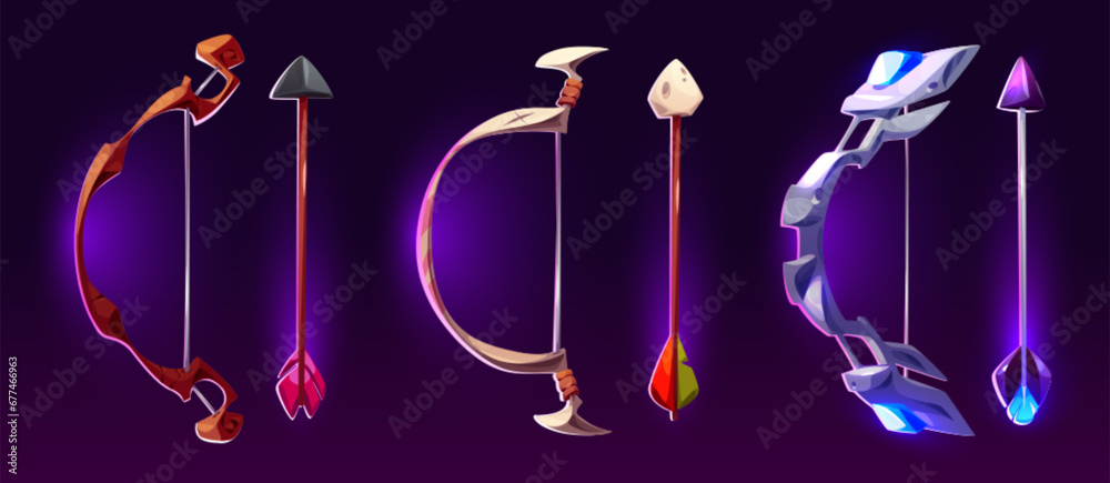 Archery bow and arrow with magical powers. Cartoon vector illustration ...
