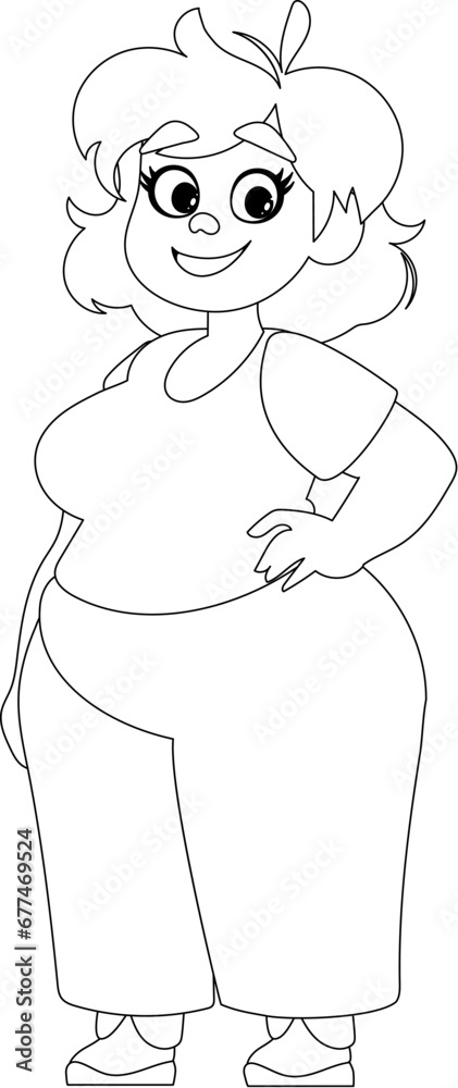 Black and white line art, Fat woman posing and smiling. Cute overweight ...