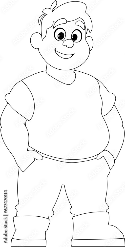 Black and white line art, Fat man posing and smiling. Overweight guy is ...