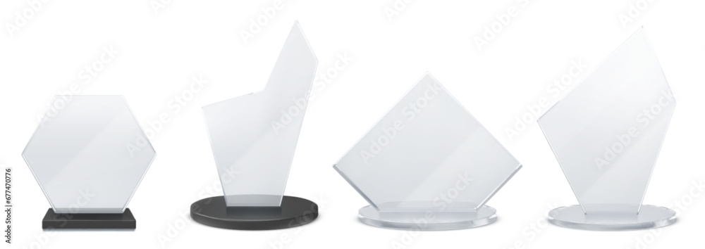 3D glass trophies set isolated on white background. Vector realistic ...