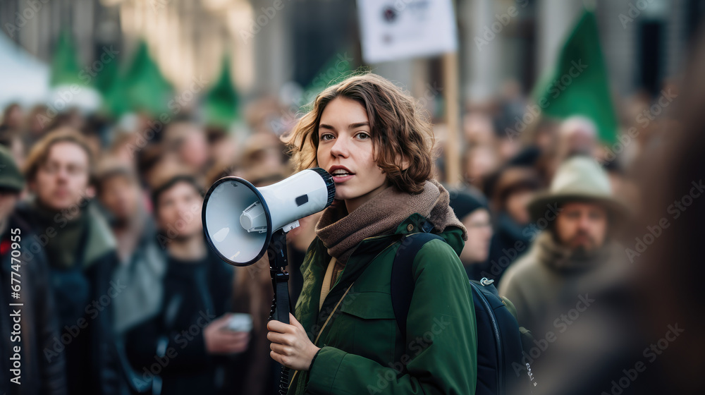 Female activist shout into a megaphone surrounded by a crowd of people ...