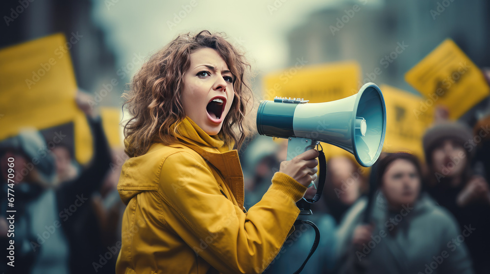 Female activist shout into a megaphone surrounded by a crowd of people ...