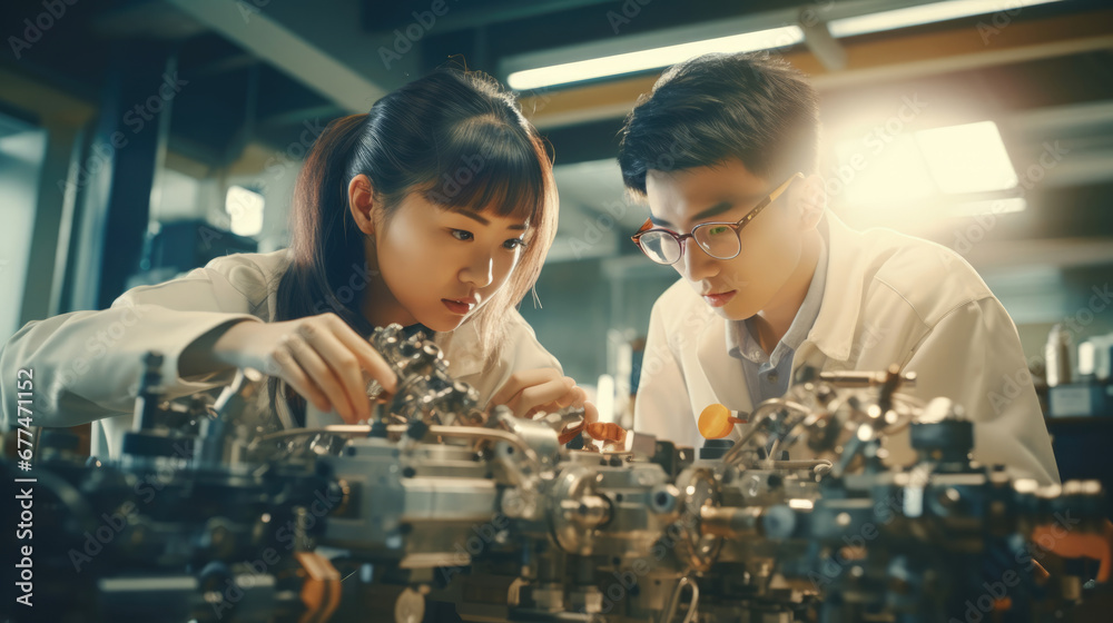 Southeast Asian students using advanced equipment in an engineering ...