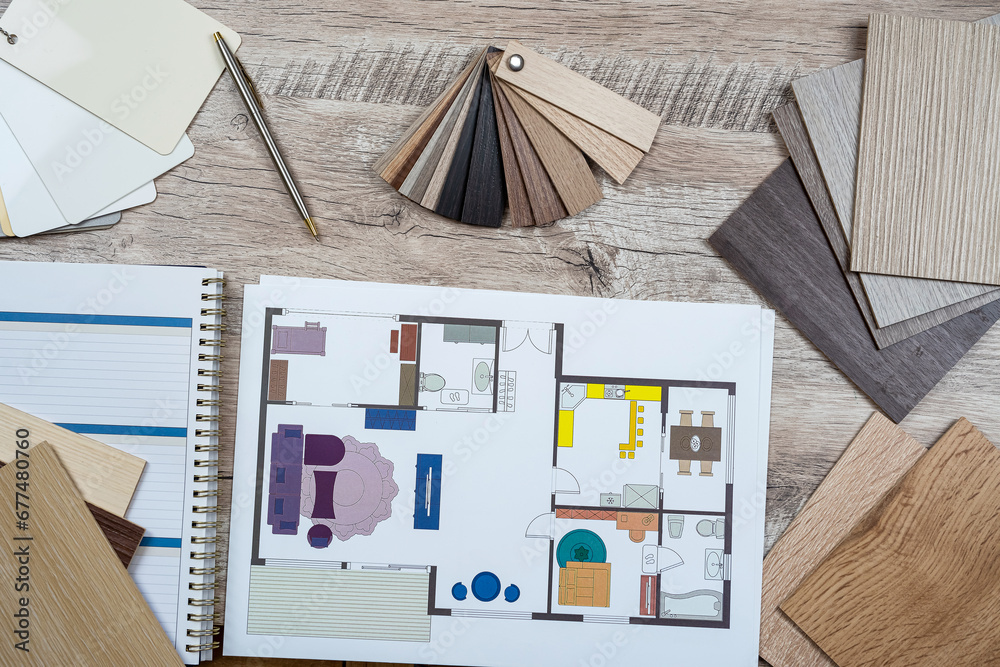 wooden color samples with drawing sketch plan on office desk , creative ...