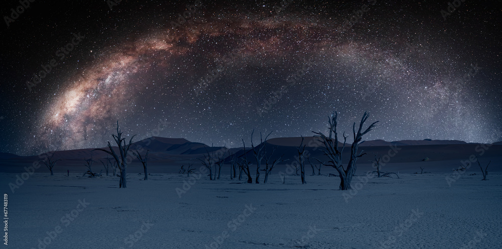 Dead Vlei with milky way galaxy - Sossusvlei, Namib desert, Namibia ...