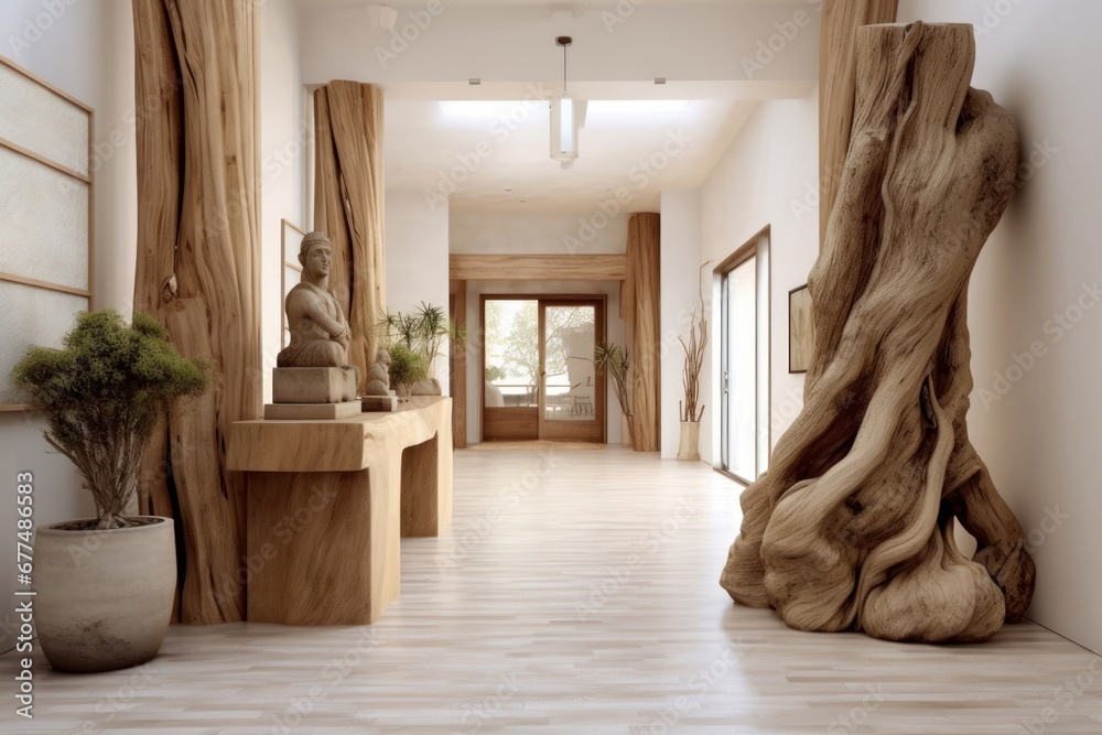Tree trunk columns in rustic interior design of modern entrance hall ...