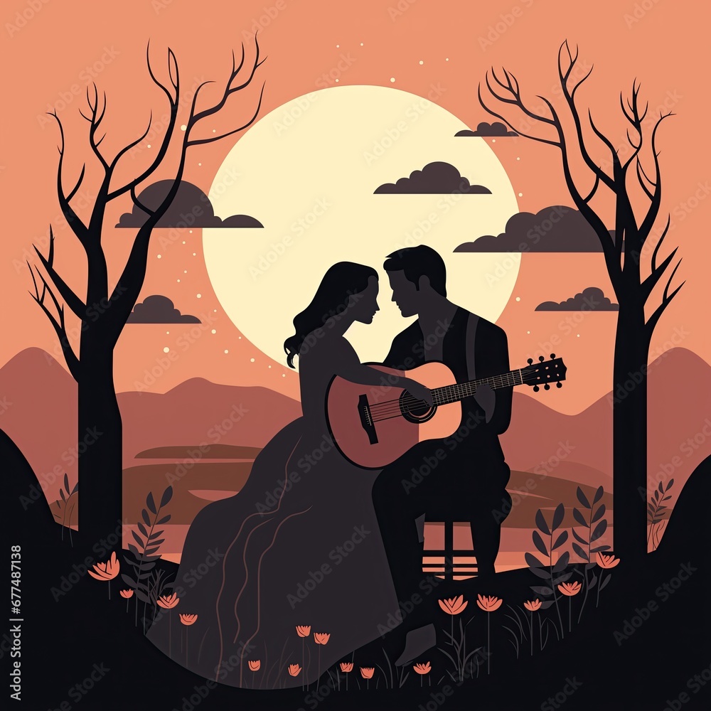 An illustration of a silhouette of a couple of lovers with a guitar. A ...
