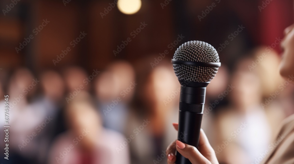 Pulblic speaking concept. Hand holds on a microphone over the blurred ...