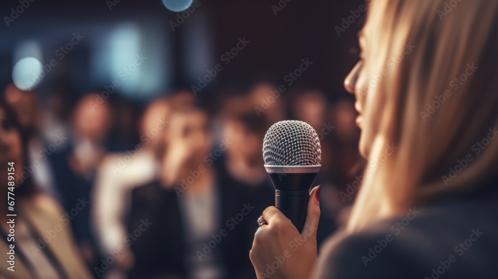 Pulblic speaking concept. Hand holds on a microphone over the blurred ...