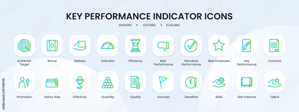 Key performance indicator icon collection with blue and green gradient outline style. kpi ...