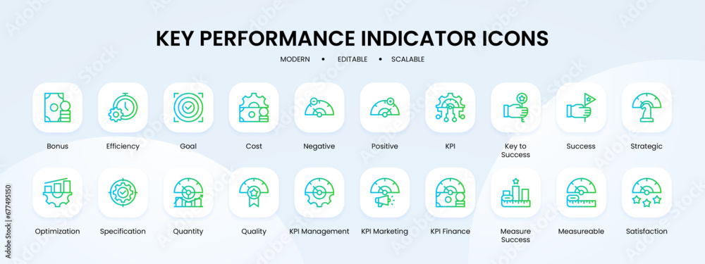 Key performance indicator icon collection with blue and green gradient ...