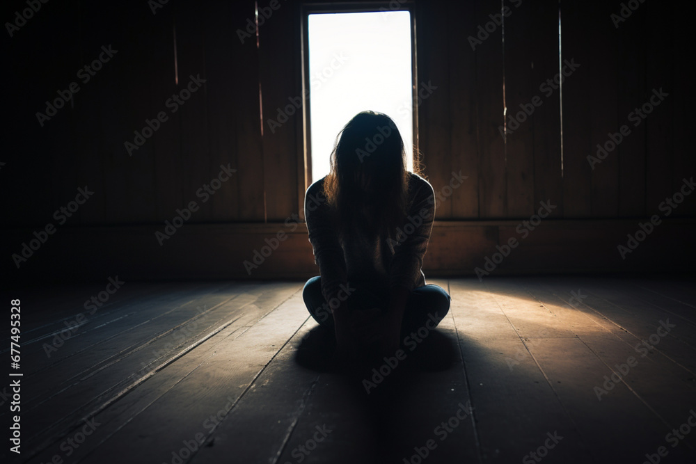 Dramatic, Silhouette of Sad Depressed woman sitting head in hands on ...