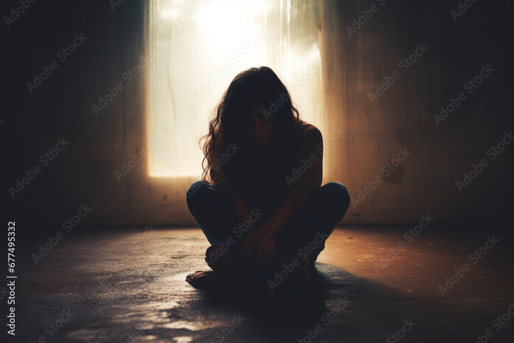 Dramatic, Silhouette of Sad Depressed woman sitting head in hands on ...