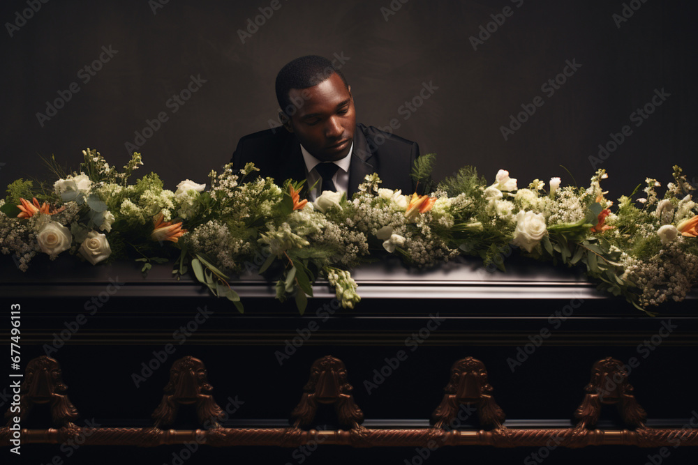 Funeral coffin, death and black man sad, grieving and mourning loss of ...