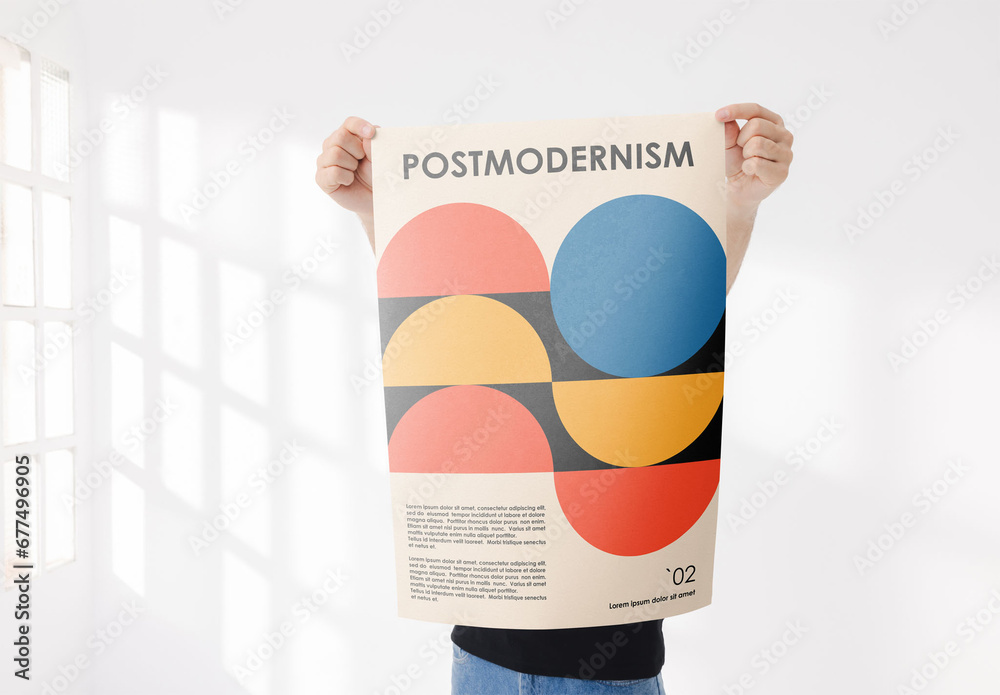 Mockup of man holding customizable A2 poster in front of face Stock ...