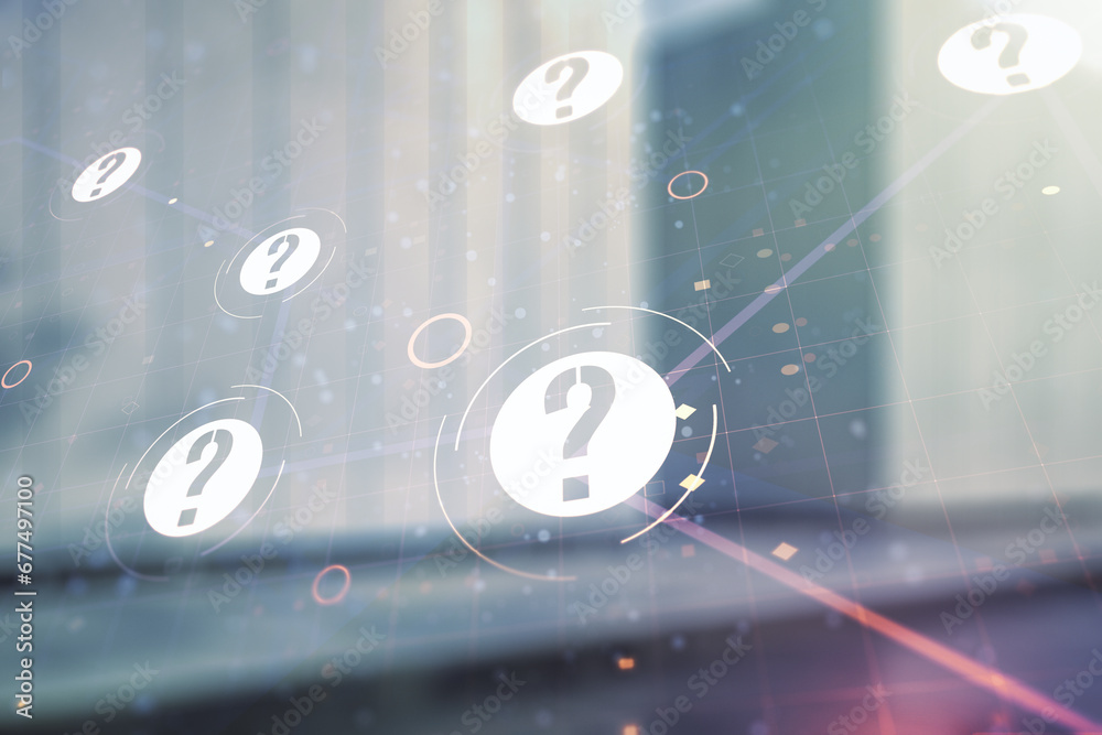 Abstract virtual question mark illustration on blurry modern office ...