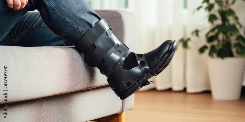 Ankle sprain orthosis, black splint, walker boot on leg sitting on the ...