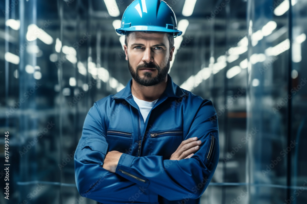 Portrait of manual man worker is standing with confident with blue ...