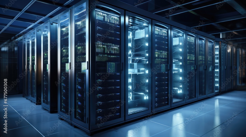 Server racks digital business in a large data center warehouse filled ...