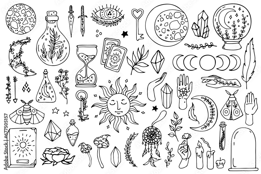 Set of doodle esoteric symbols. Magical, occult, spiritual ...