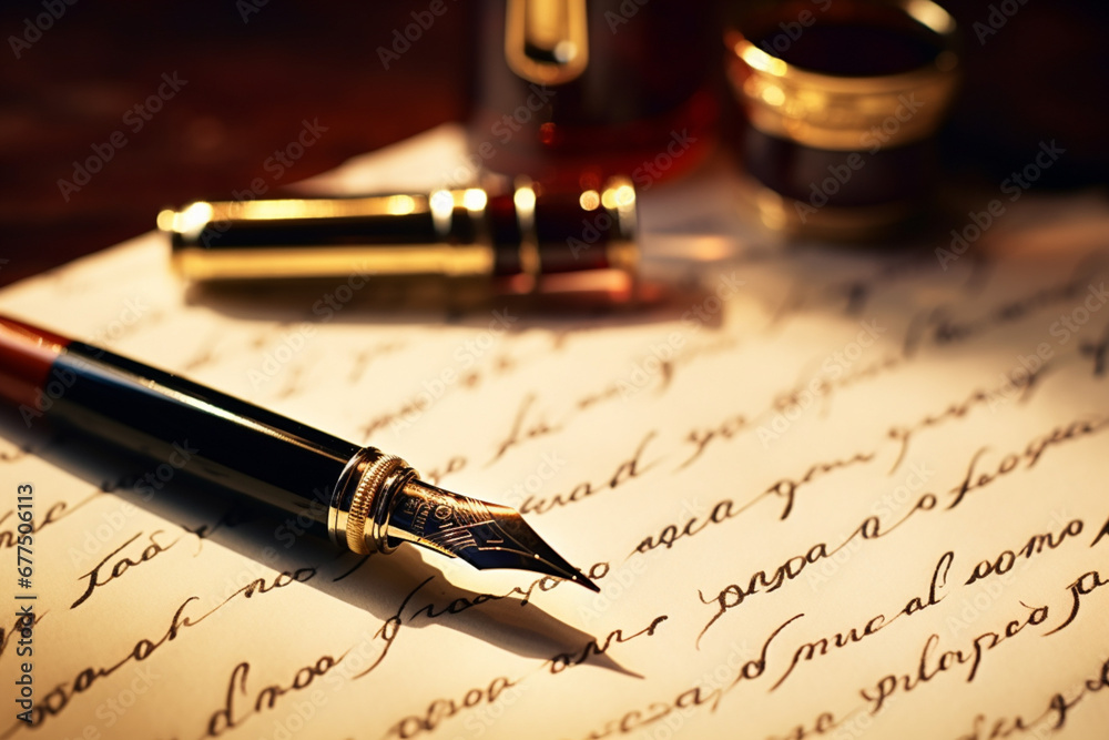 Fountain pen on an antique handwritten letter, Vintage nib pen and ...