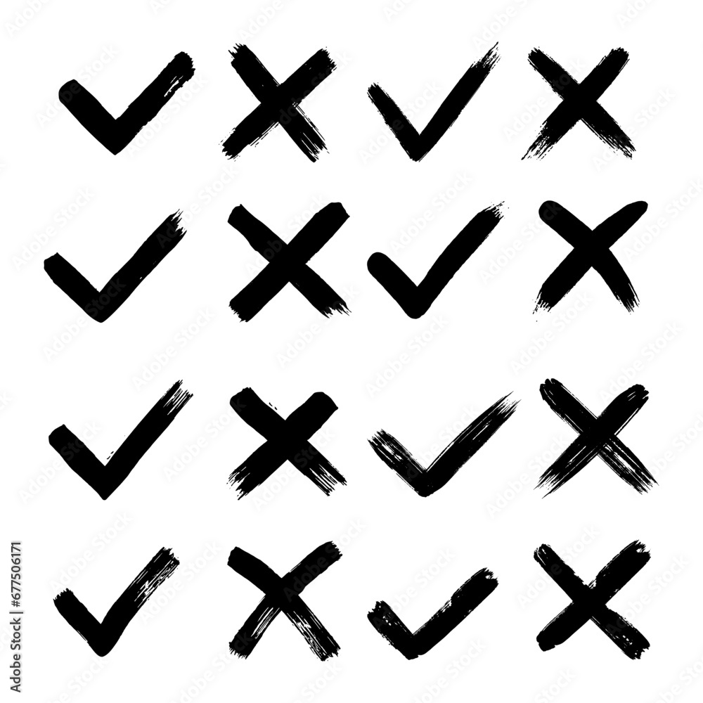 Grunge hand drawn brush strokes cross X and tick OK check marks V ...