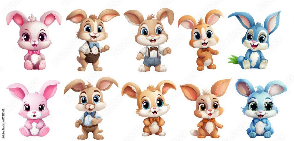set of cute bunny, rabbits on transparent isolated background ...