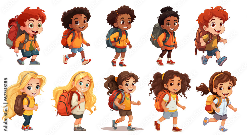 Set of cute School Kids Clipart Sticker on transparent isolated ...