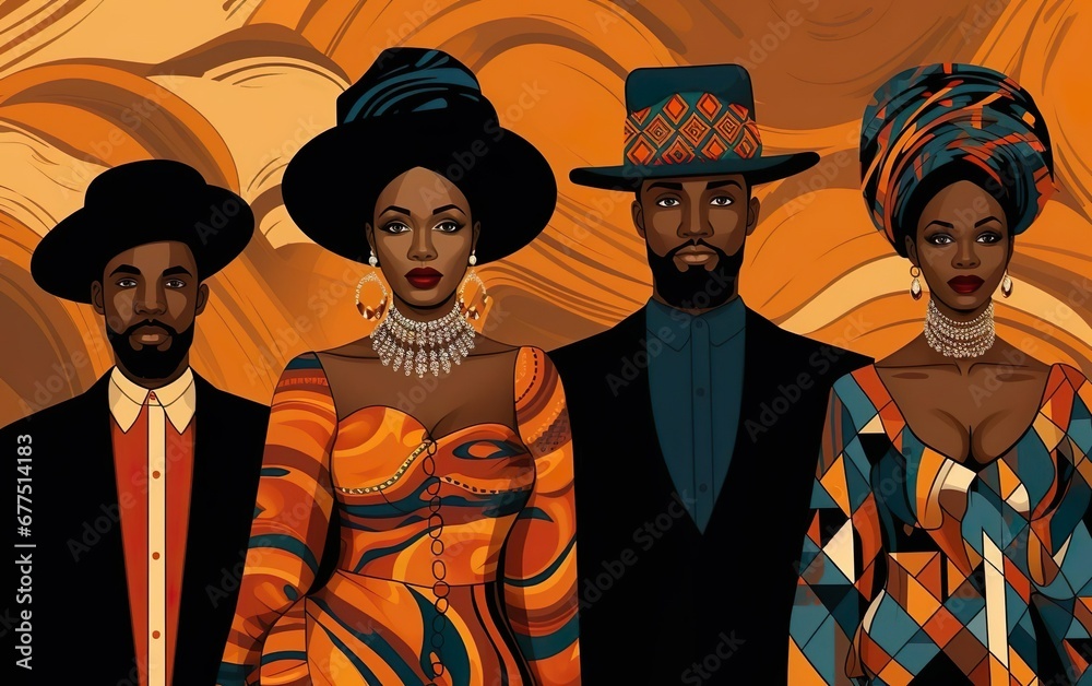 Black History Month graphic poster. African people in traditional ...