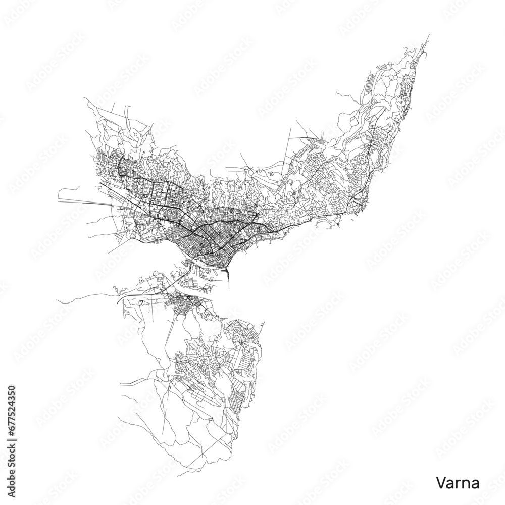 Varna city map with roads and streets, Bulgaria. Vector outline ...