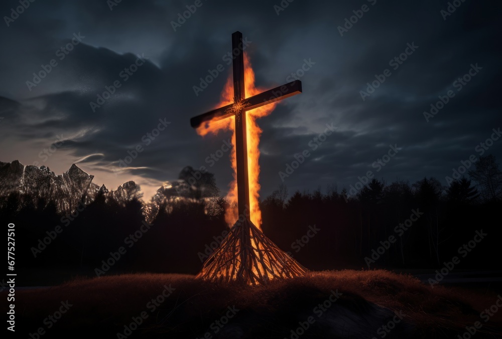 Burning cross fire in dark night. Spring hot fire flaming cross ...