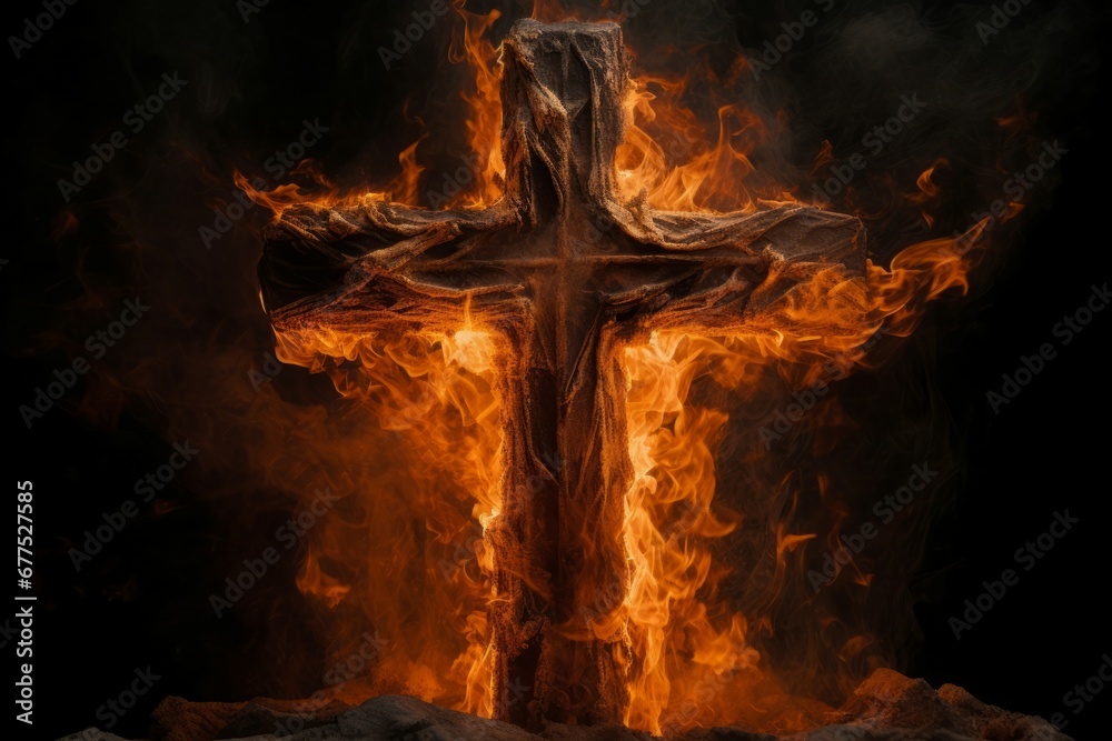 Burning cross fire in dark night sign flame. Show sparks high ...