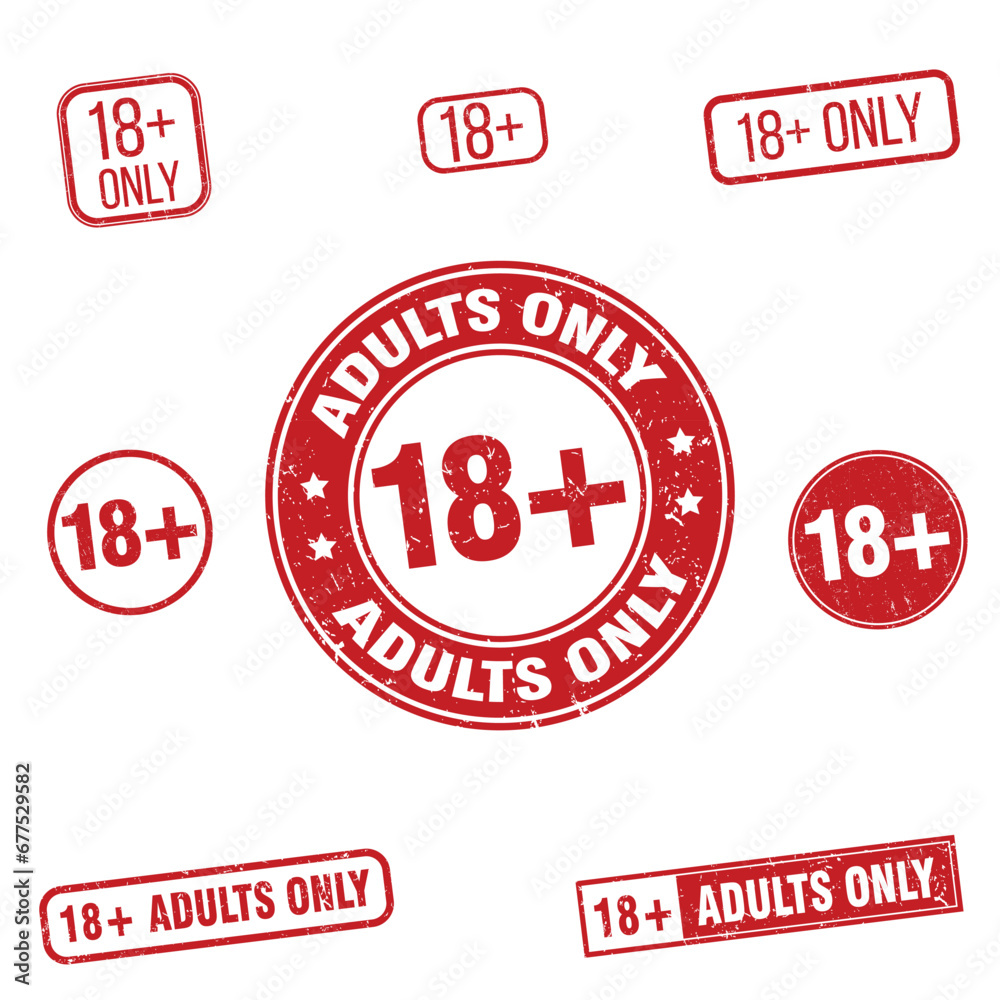 Set of 18+ red sign stamps, collection of adults only red rubber seal ...