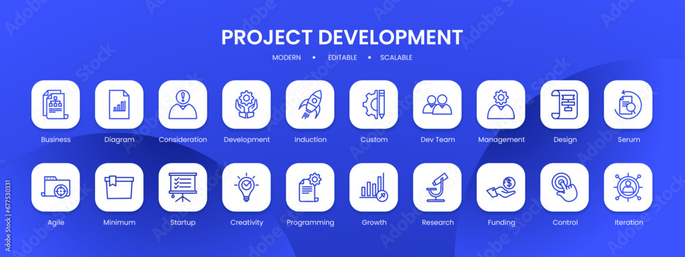 Project development icon collection with black filled line outline ...