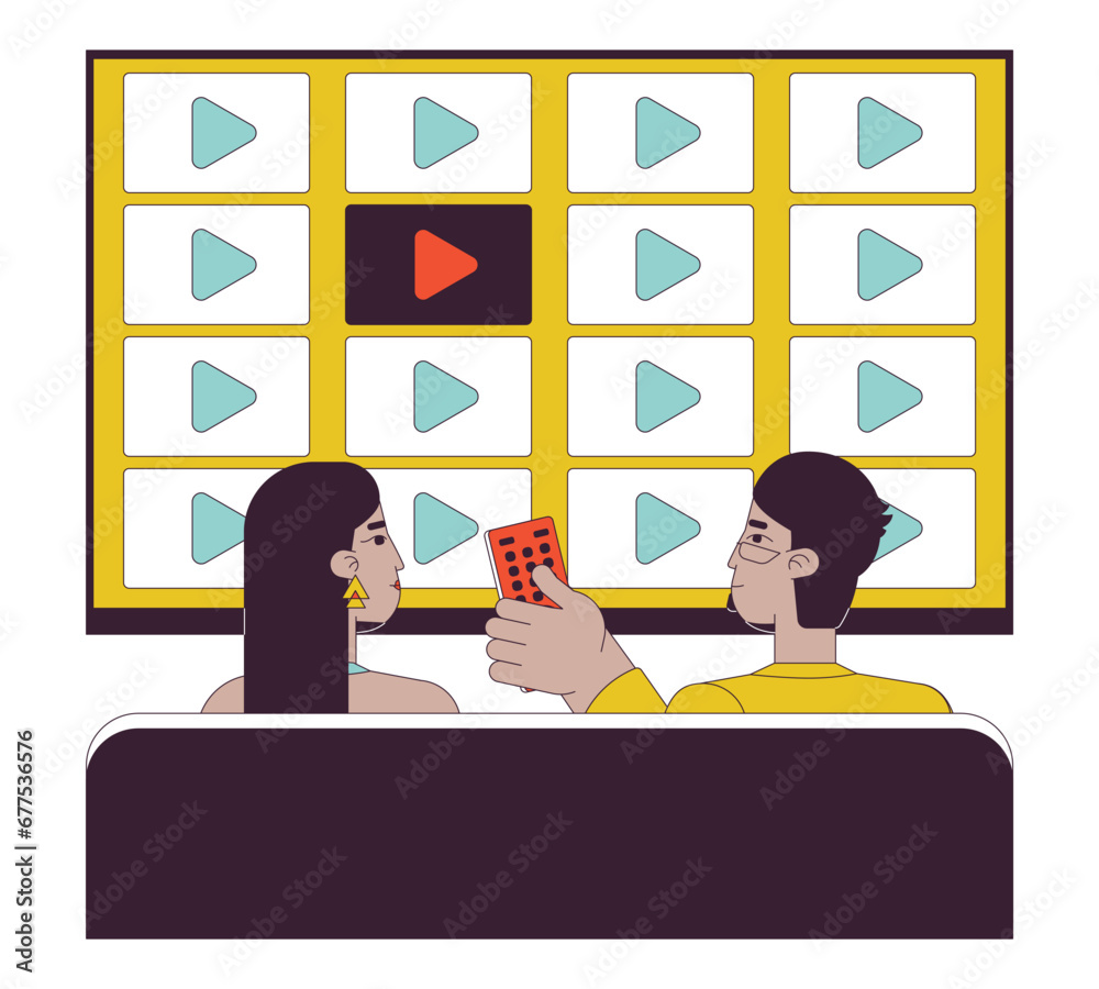 Watching tv show together line cartoon flat illustration. Arab couple ...