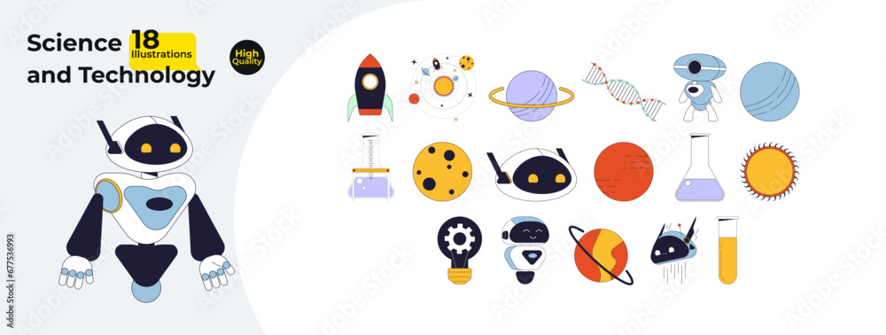 Science technology engineering 2D linear cartoon objects bundle. Rocket ...